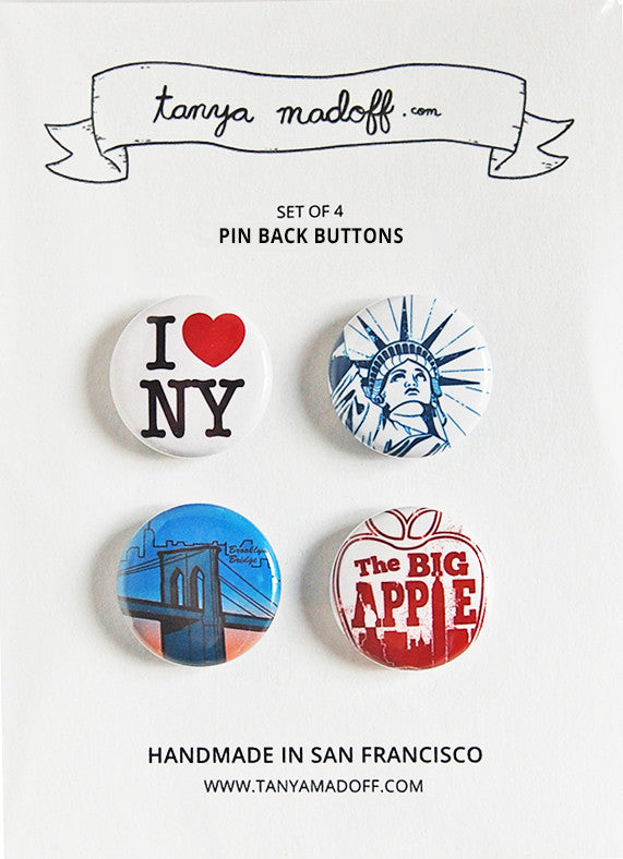 I Love NY (New York) - Set of 4 Pins, Buttons, Badges - Tanya Madoff