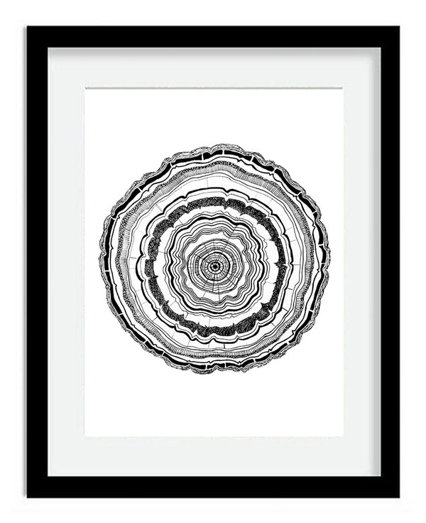 Tree Rings Art Print, black and white, nature patterns - Tanya Madoff