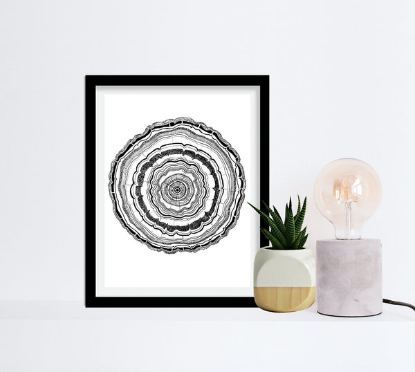 Tree Rings Art Print, black and white, nature patterns - Tanya Madoff